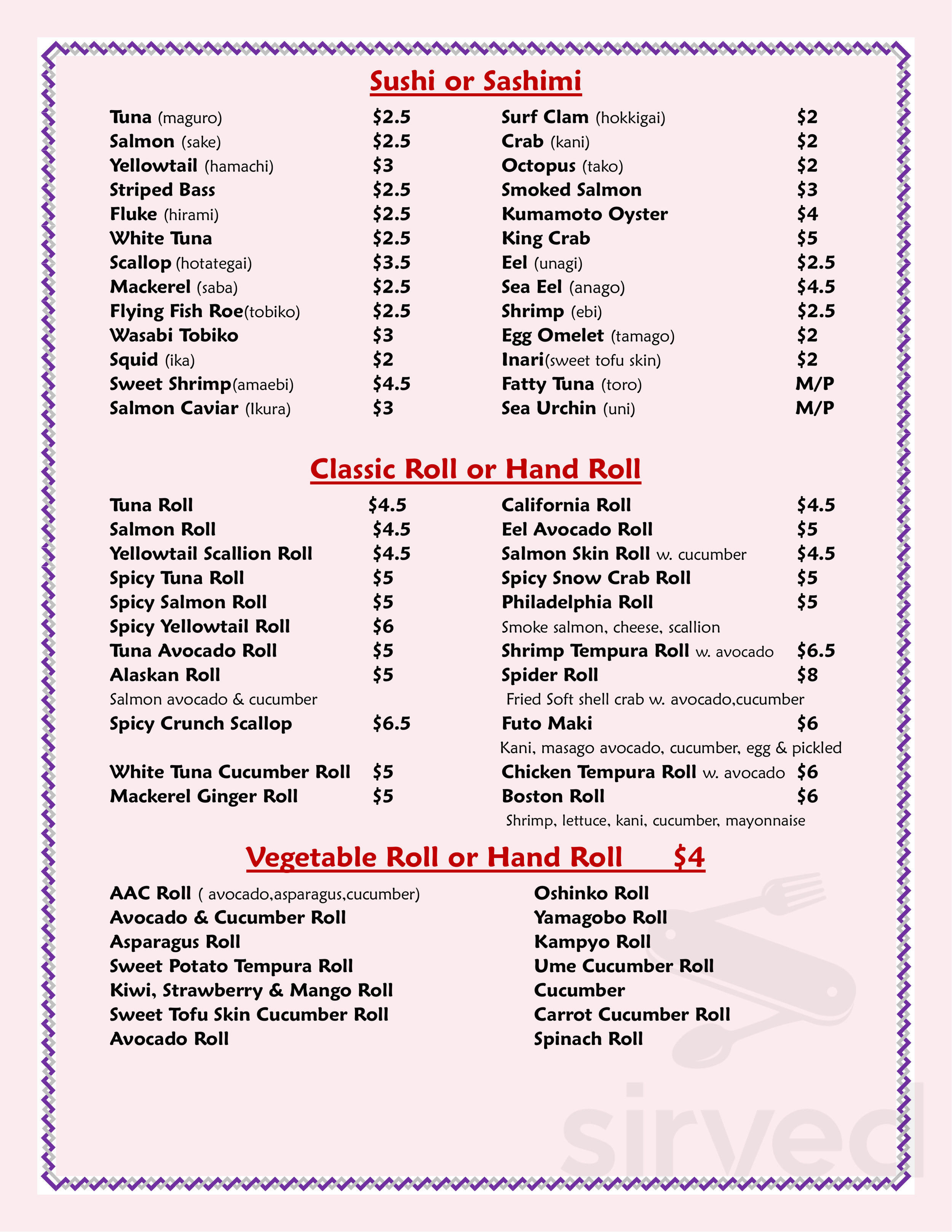 Shiki Hana menu in Fairfield, Connecticut, USA