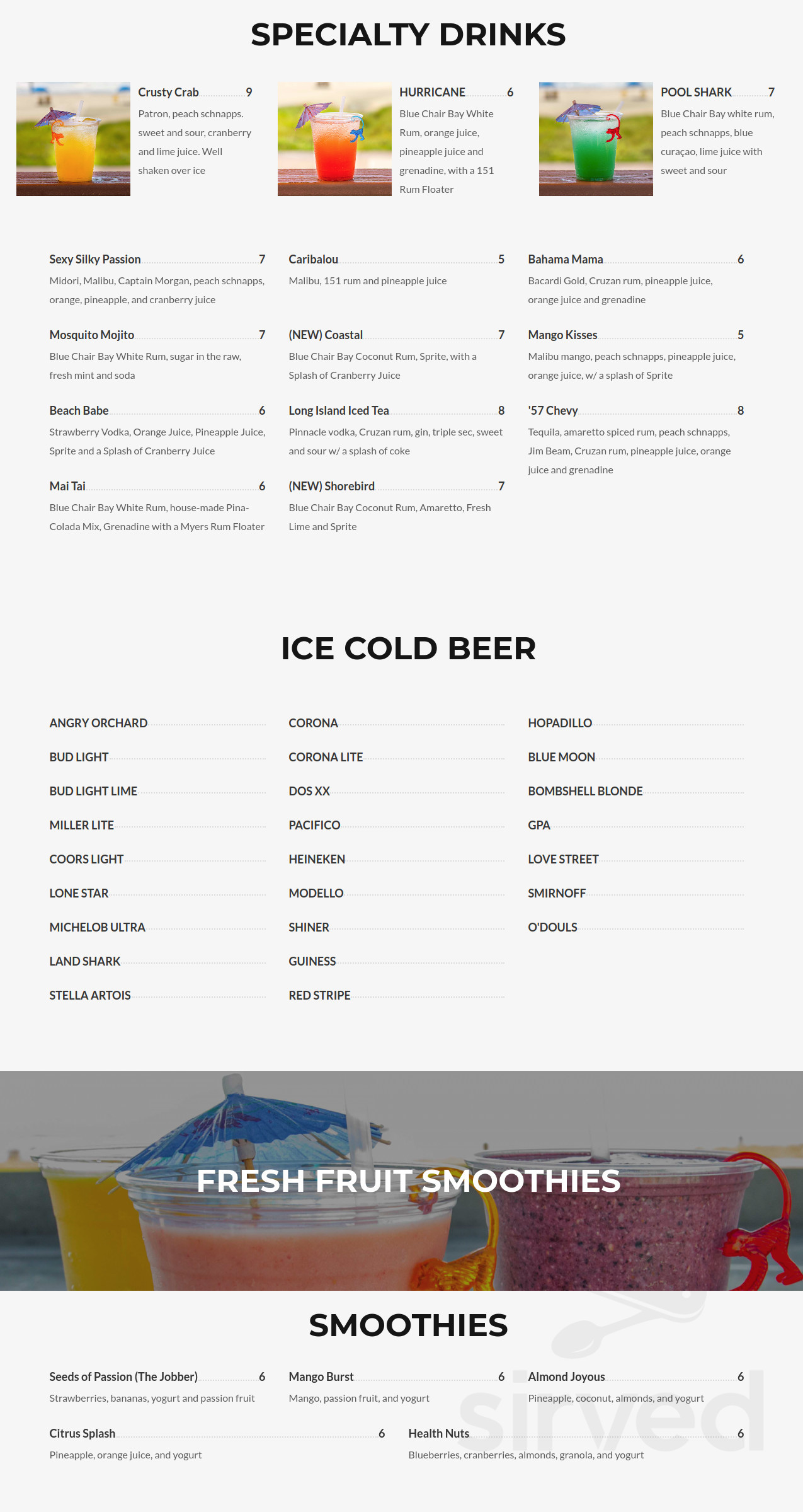 Menu - Galveston TX's Float Pool & Patio Bar | Sirved