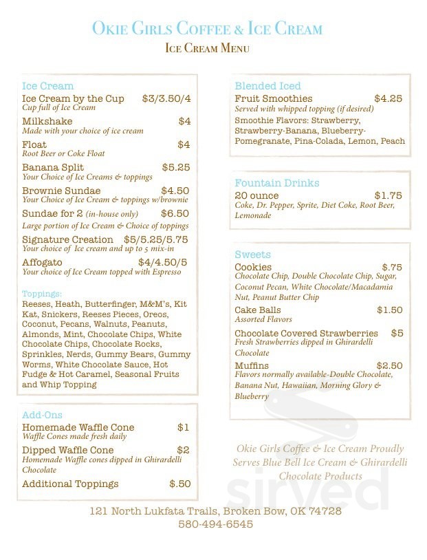 Okie Girls Coffee & Ice Cream menu in Broken Bow, Oklahoma, USA