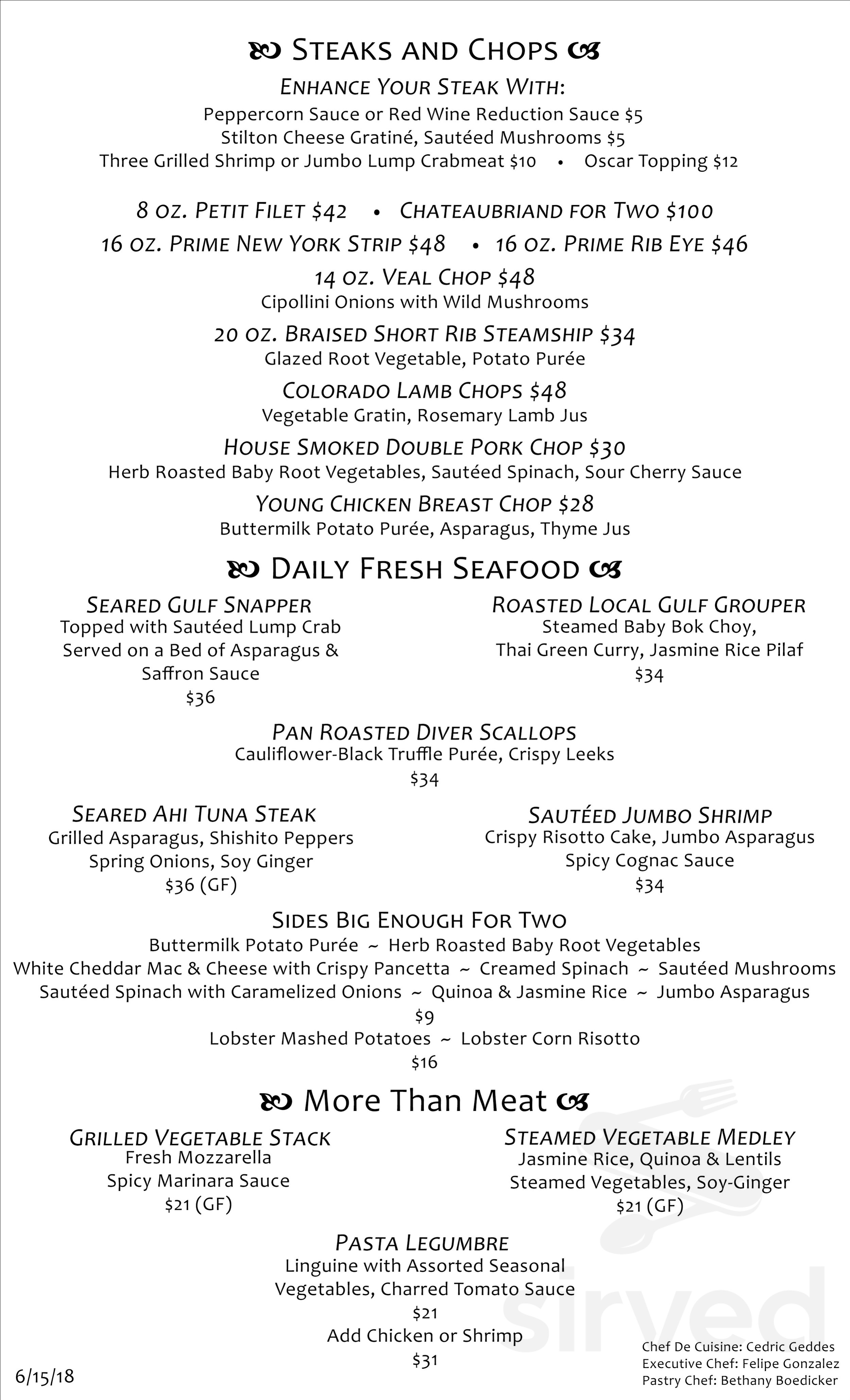 Shearn's Seafood and Prime Steaks menu in Galveston, Texas, USA