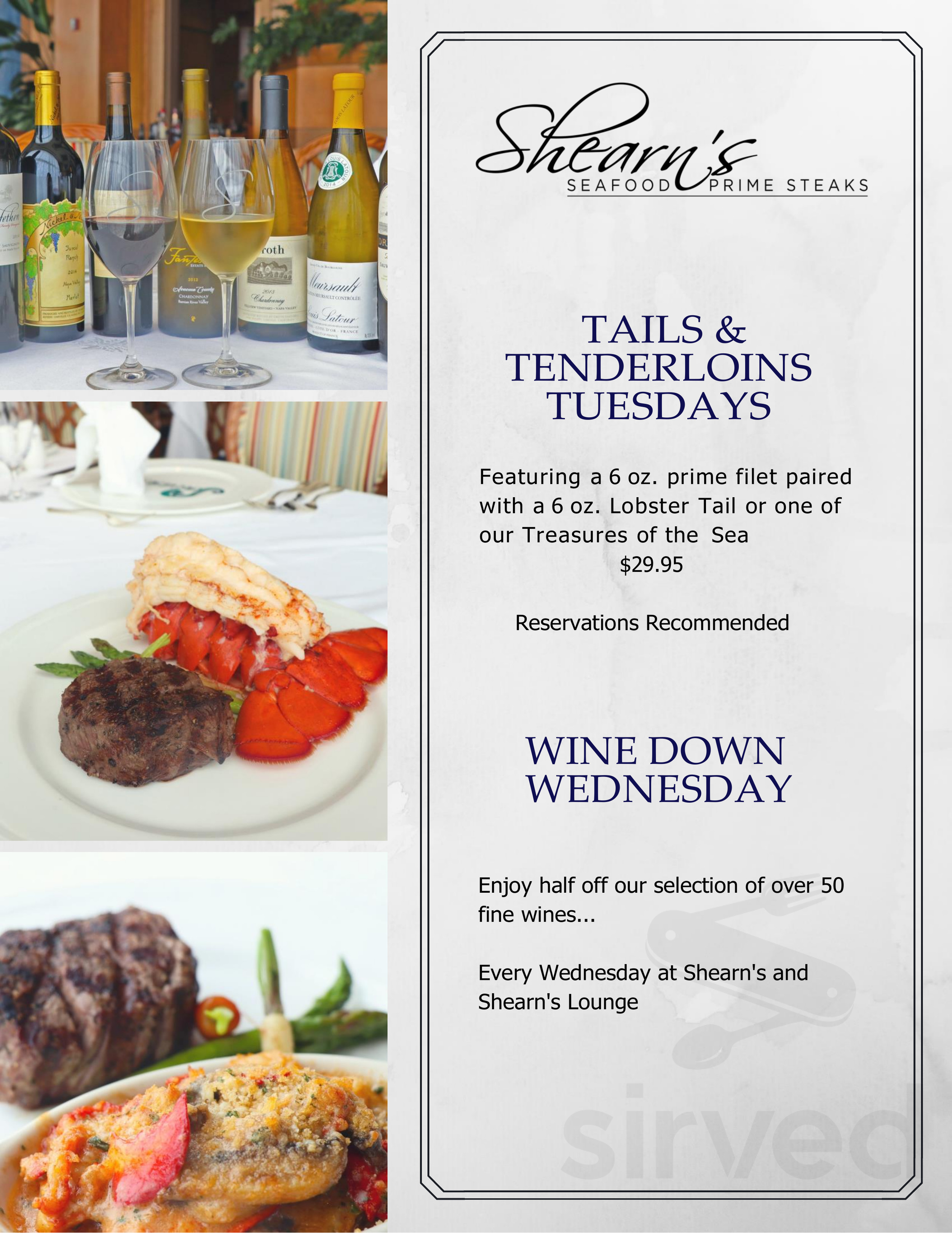 Shearn's Seafood and Prime Steaks menu in Galveston, Texas, USA