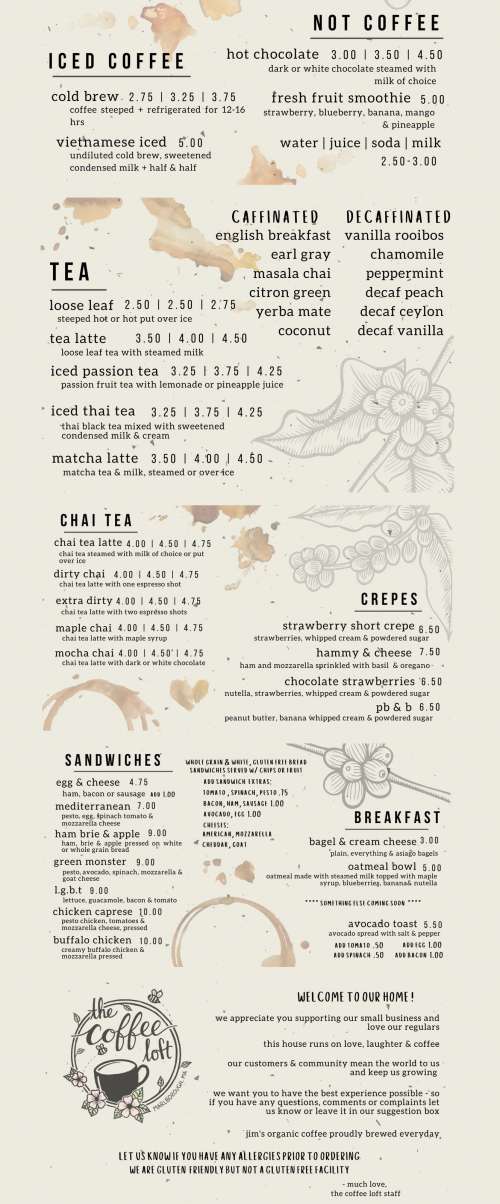 The Coffee Loft menu in Marlborough, Massachusetts, USA