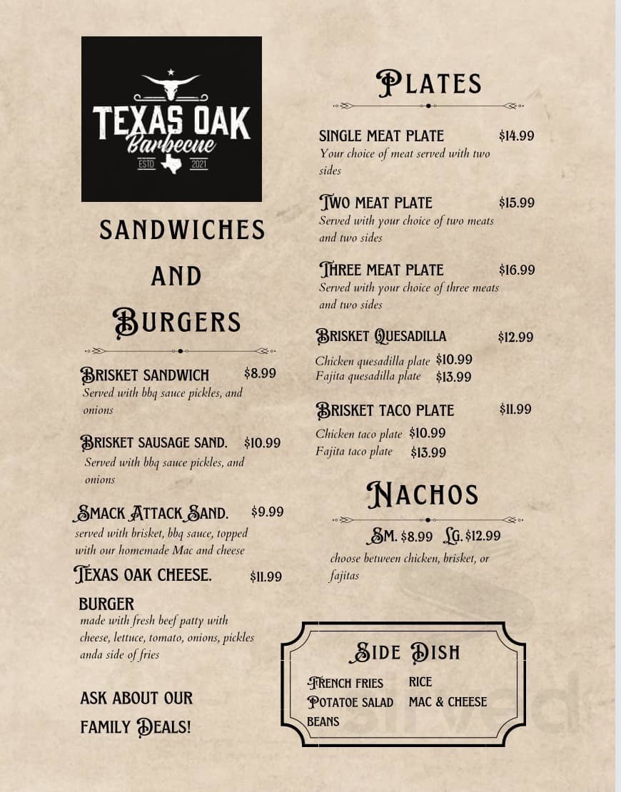 Texas Oak BBQ menu in San Angelo, Texas, USA