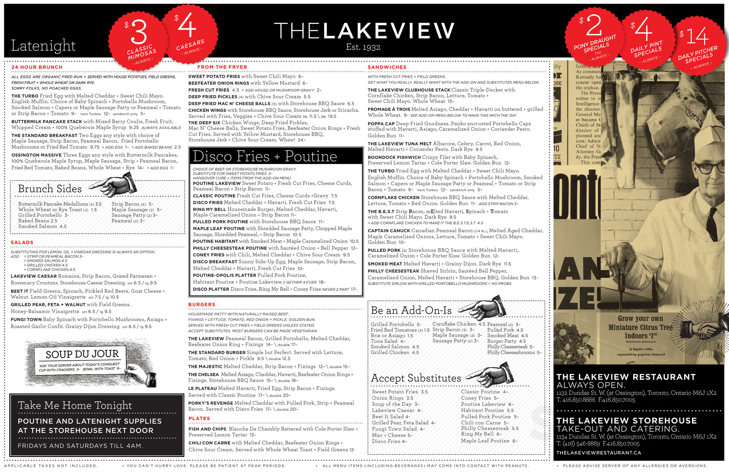 The Lakeview Restaurant menu in Toronto, Ontario, Canada