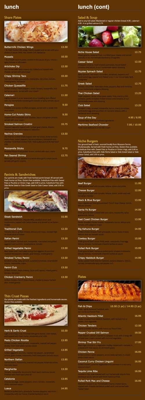 Niche Lounge menu in Halifax, Nova Scotia, Canada