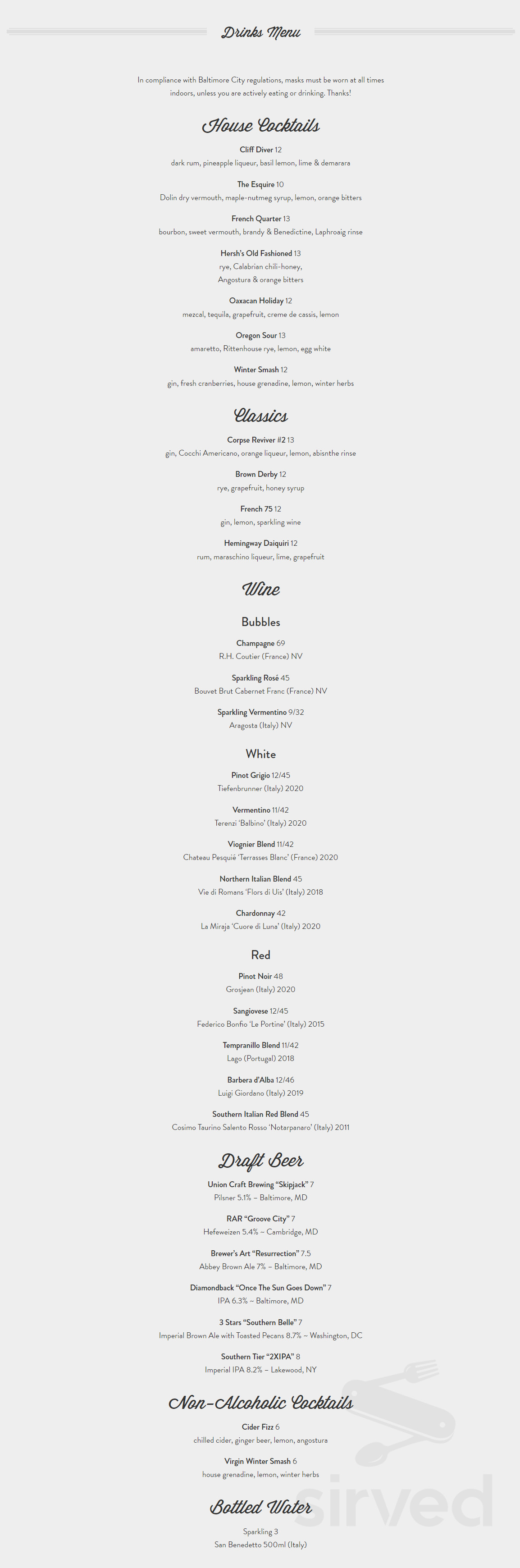 Hersh's menu in Baltimore, Maryland, USA