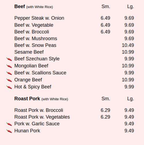 Yuen Sing menu in Tilton, New Hampshire, USA