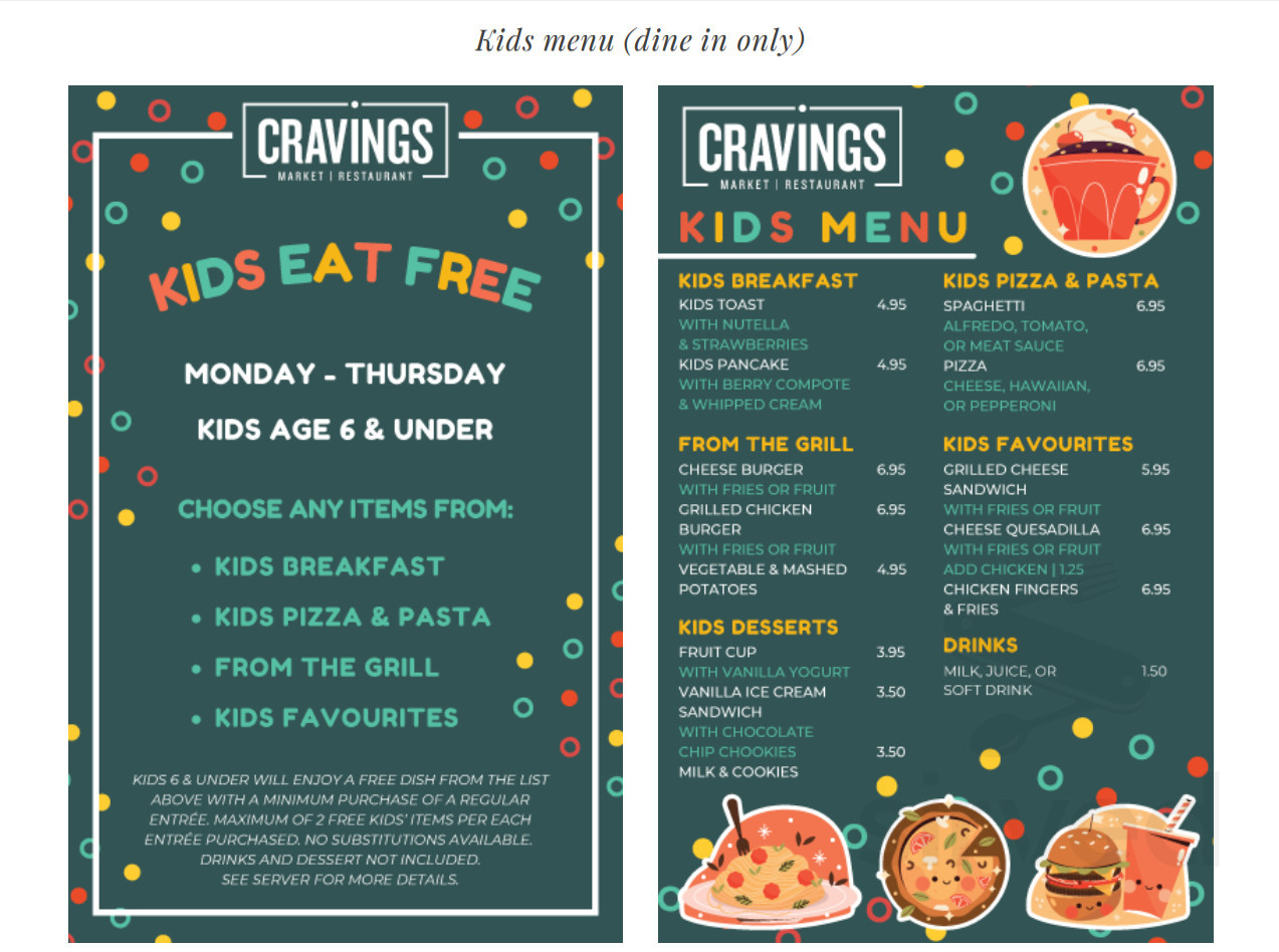 Cravings Bistro menu in Calgary, Alberta, Canada