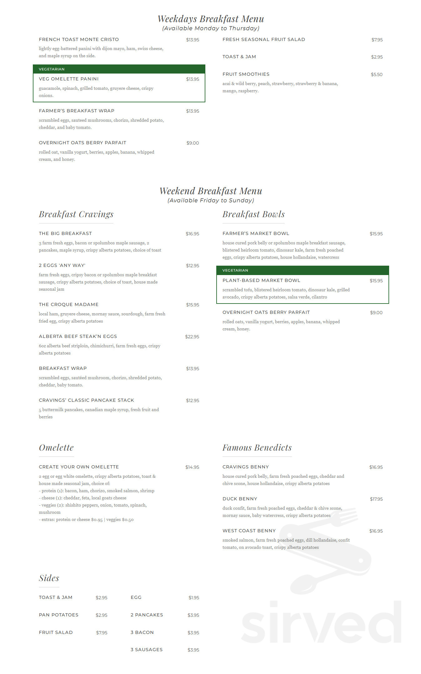 Cravings Bistro menus in Calgary, Alberta, Canada
