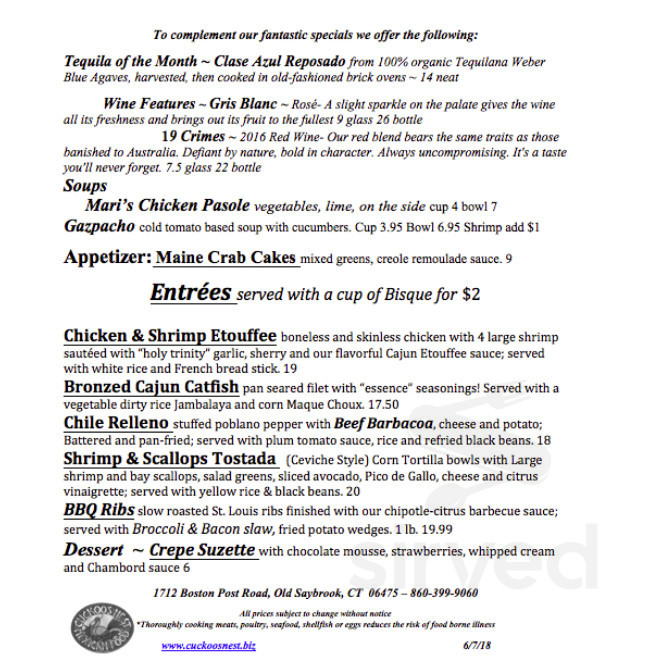 Menu for Cuckoo's Nest in Old Saybrook, CT | Sirved