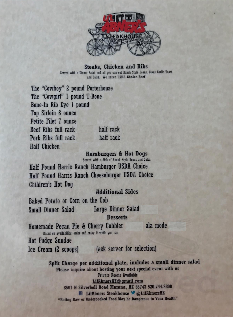 Menu for Li'l Abner's Steakhouse in Tucson, AZ | Sirved