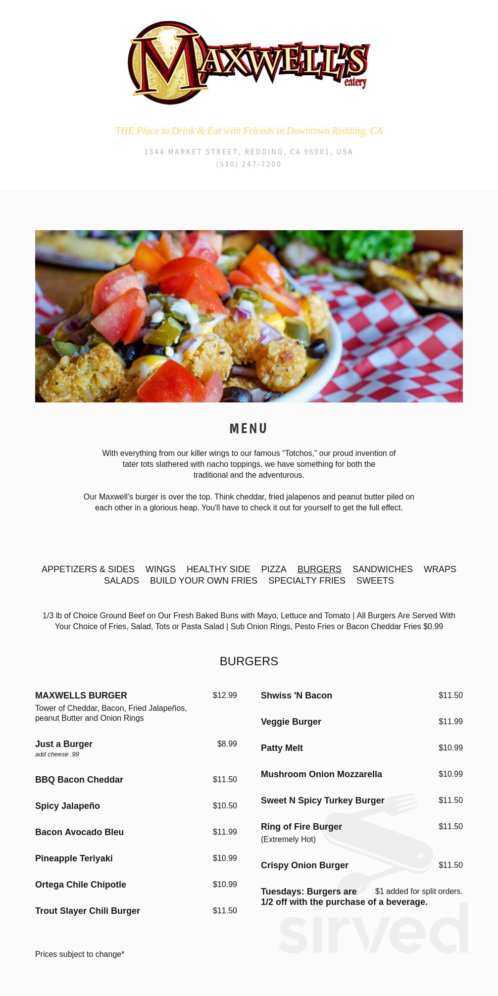 Maxwell's Eatery menu in Redding, California, USA