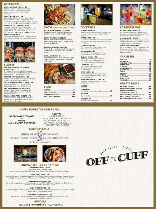 Off The Cuff menu in Dallas, Texas, USA