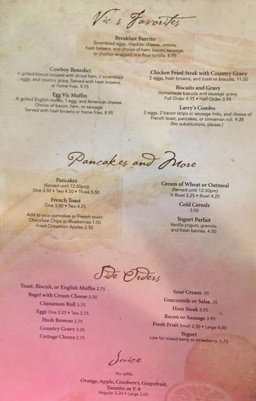 Vic's Cafe menu in Paso Robles, California, USA