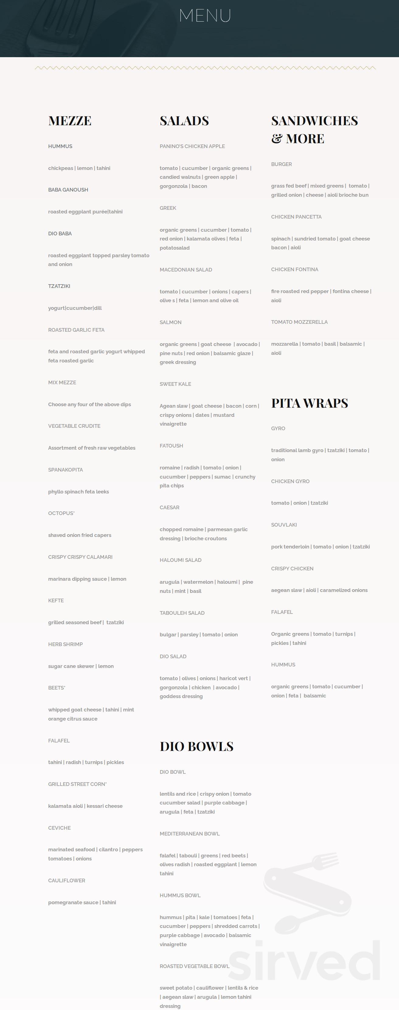 Menu for Dio Modern Mediterranean in Tampa, FL | Sirved