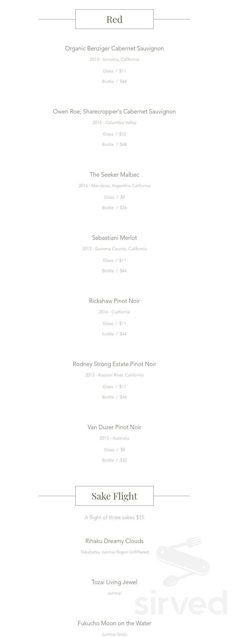 Niu Japanese Fusion Lounge menu in Chicago, Illinois, USA