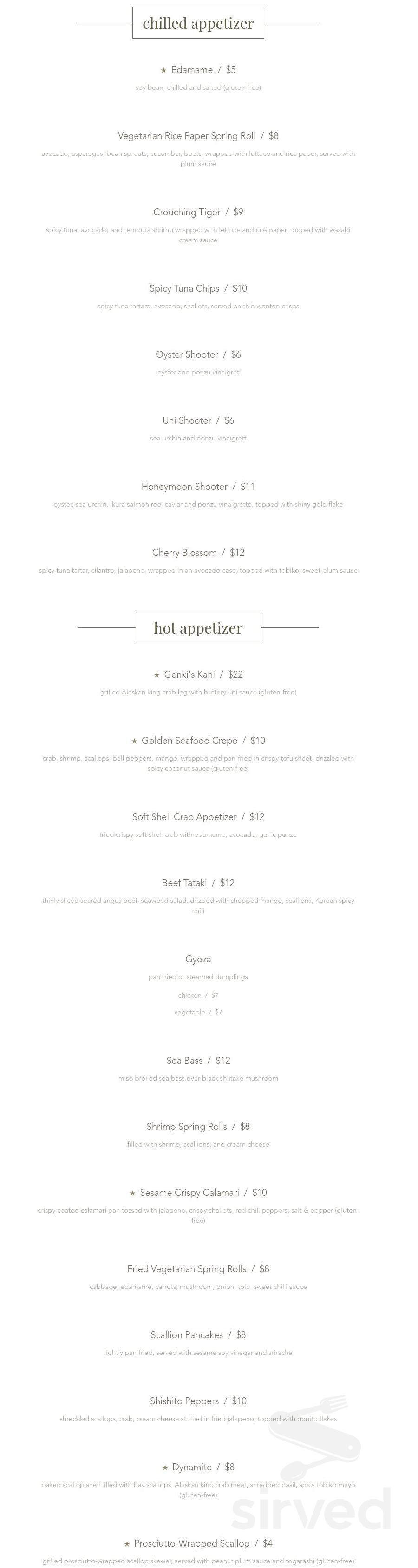 Niu Japanese Fusion Lounge menu in Chicago, Illinois, USA