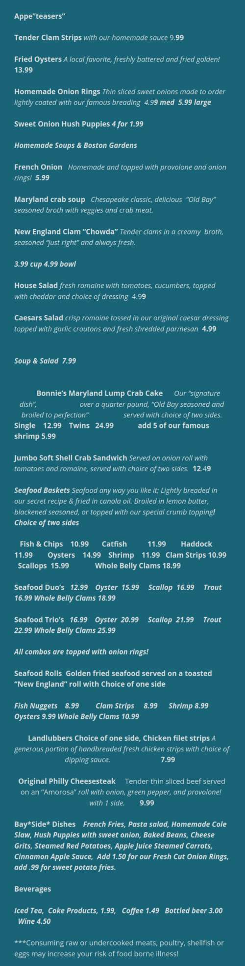 Whale's Tale Fish House menu in Mt Dora, Florida, USA