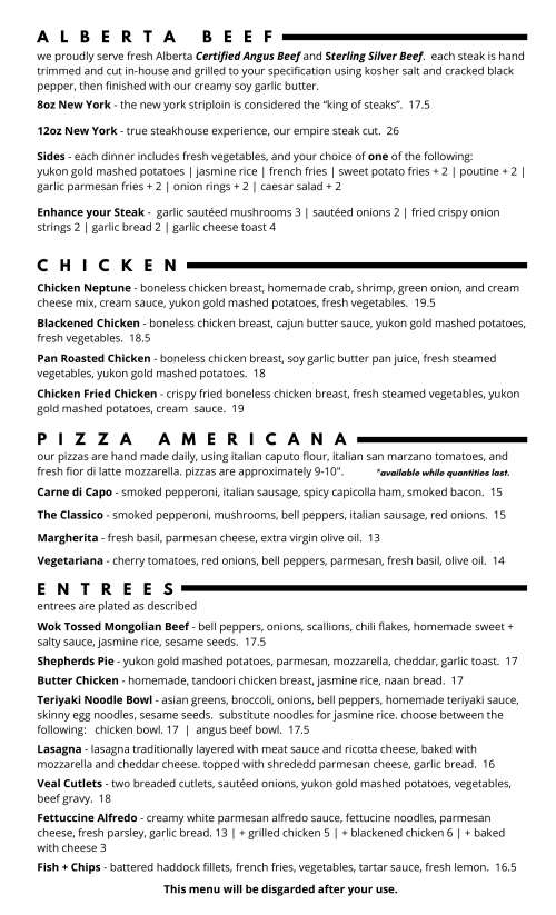 The Proper eats & drinks menu in Lloydminster, Saskatchewan, Canada