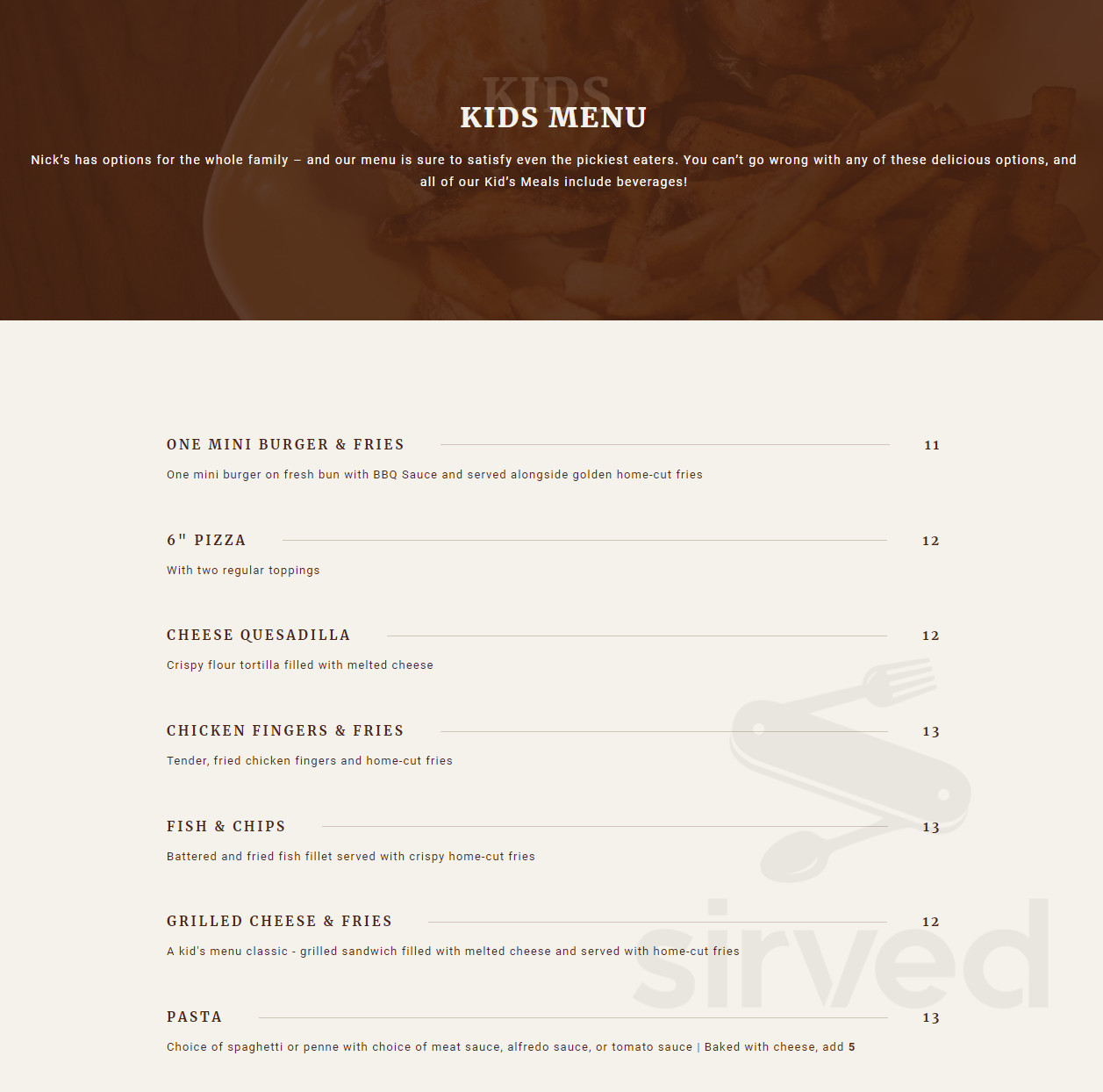 Menu for Nick's Steakhouse & Pizza in Calgary, AB | Sirved