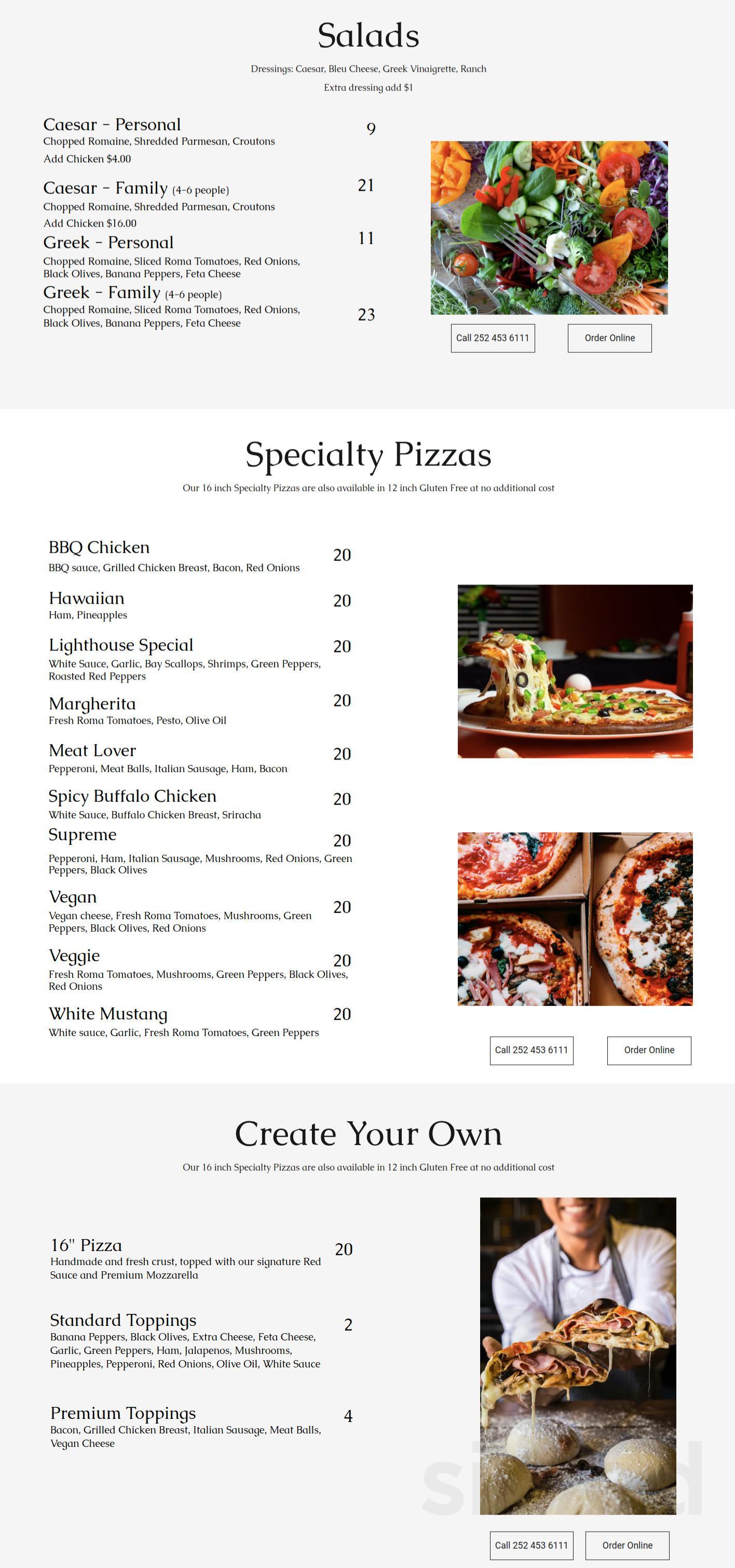 Menu - Corolla NC's Lighthouse Pizza Corolla | Sirved
