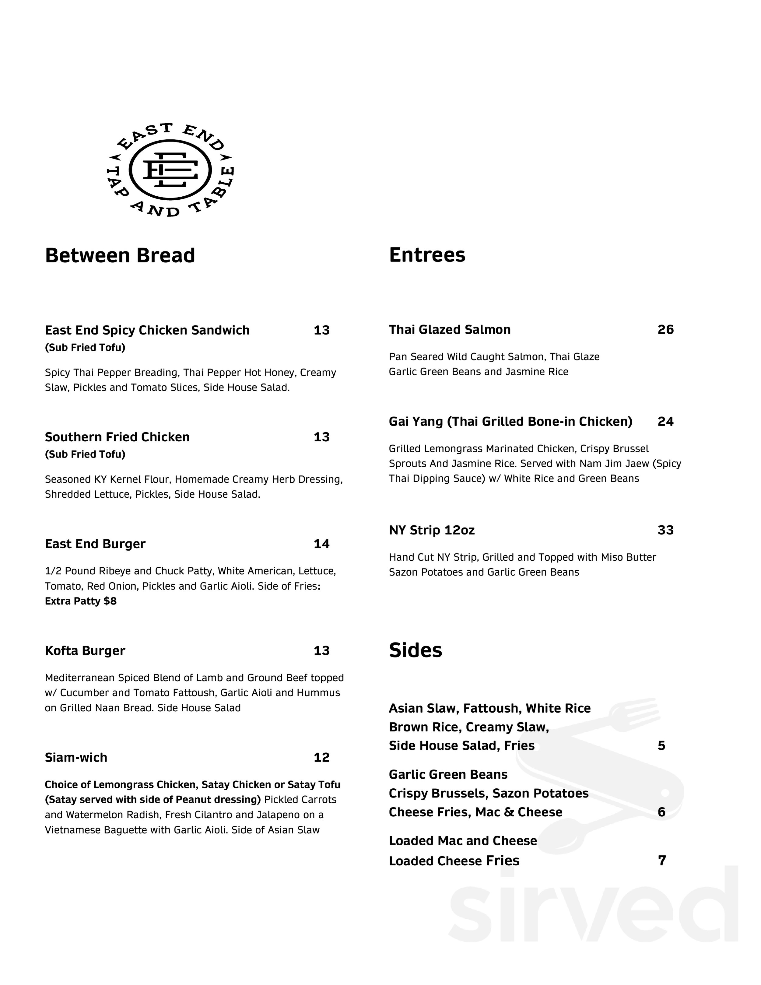 East End Tap and Table menu in Lexington, Kentucky, USA