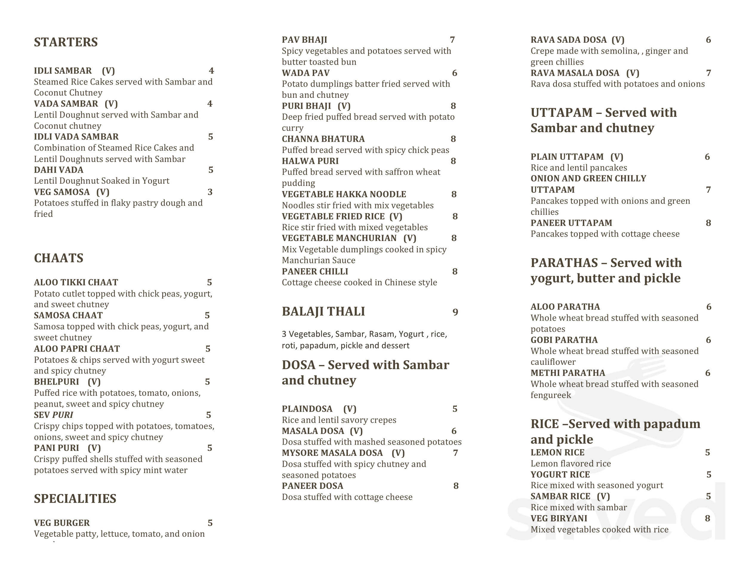 Balaji Cafe menu in Herndon, Virginia, USA