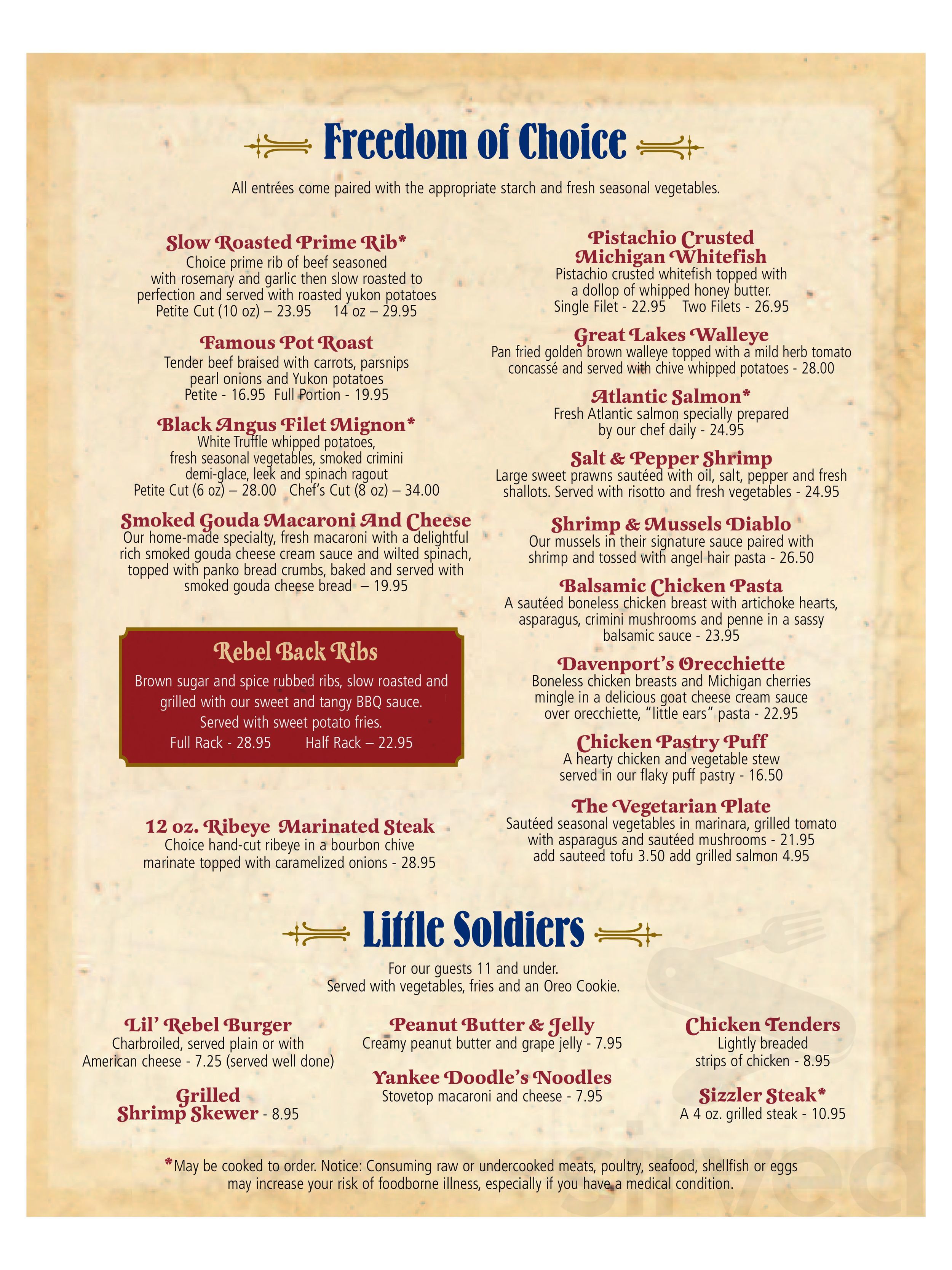 Yankee Rebel Tavern menu in Mackinac Island, Michigan, USA