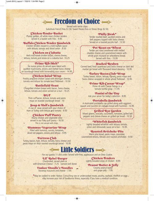 Yankee Rebel Tavern menu in Mackinac Island, Michigan, USA