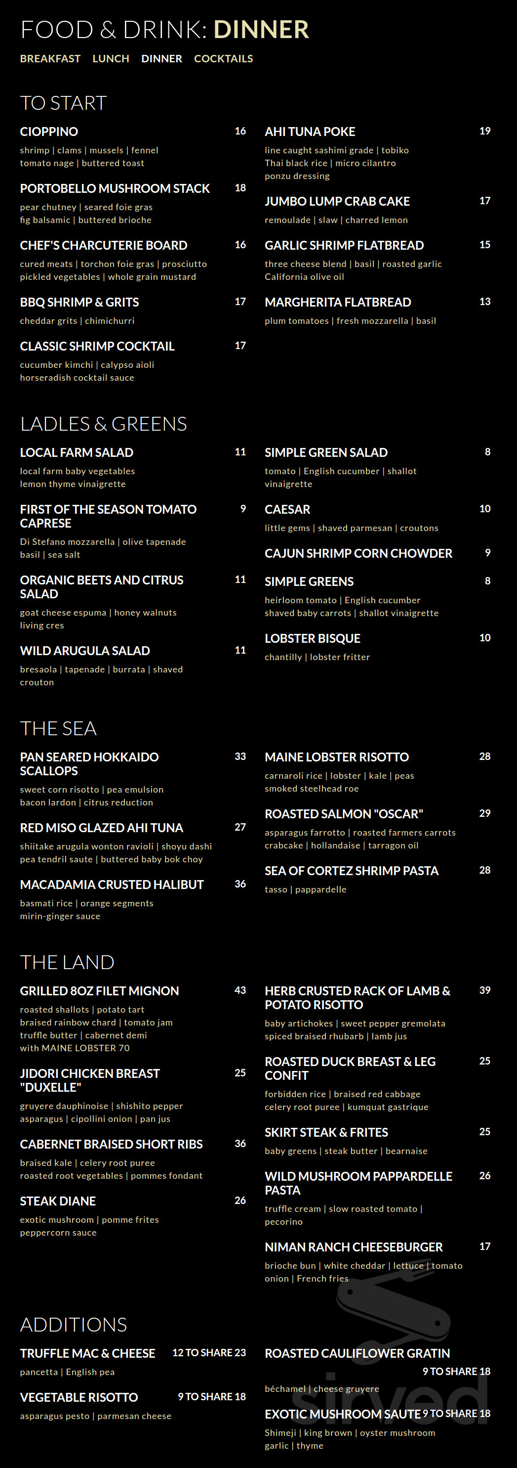 Humphreys Restaurant menu in San Diego, California, USA