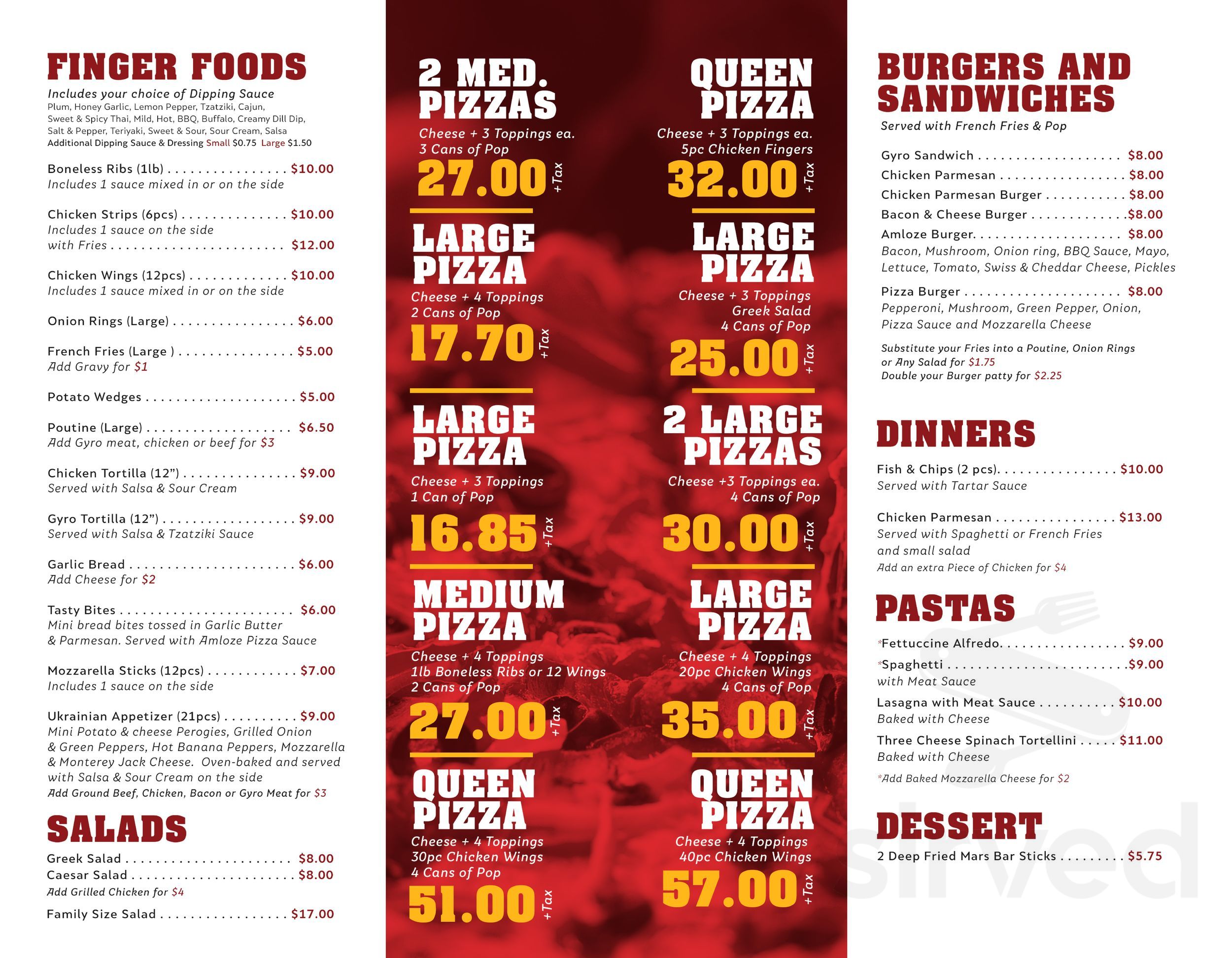 Menu for Amloze Pizza in Windsor, ON | Sirved