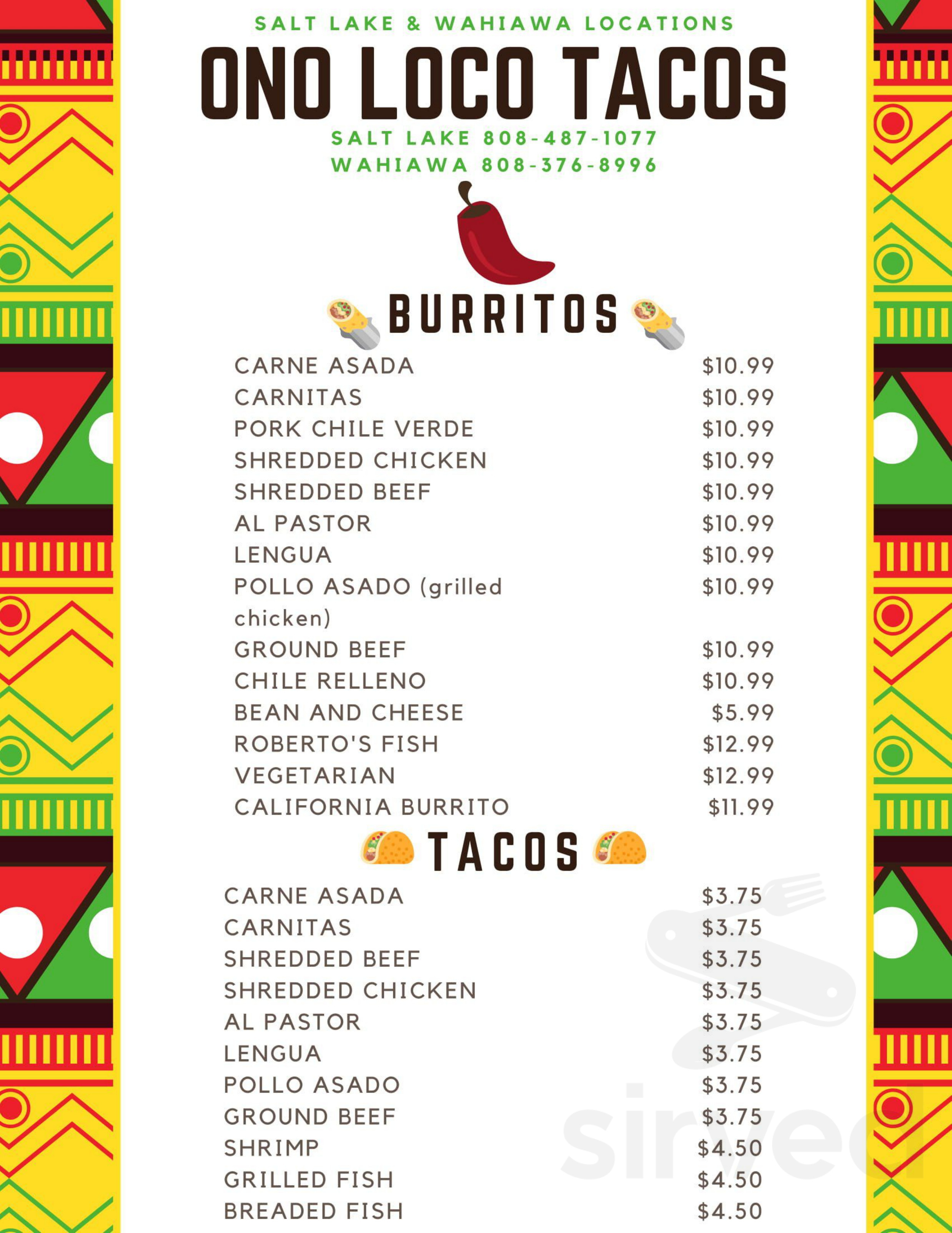 Ono Loco Tacos menus in Honolulu, Hawaii, United States
