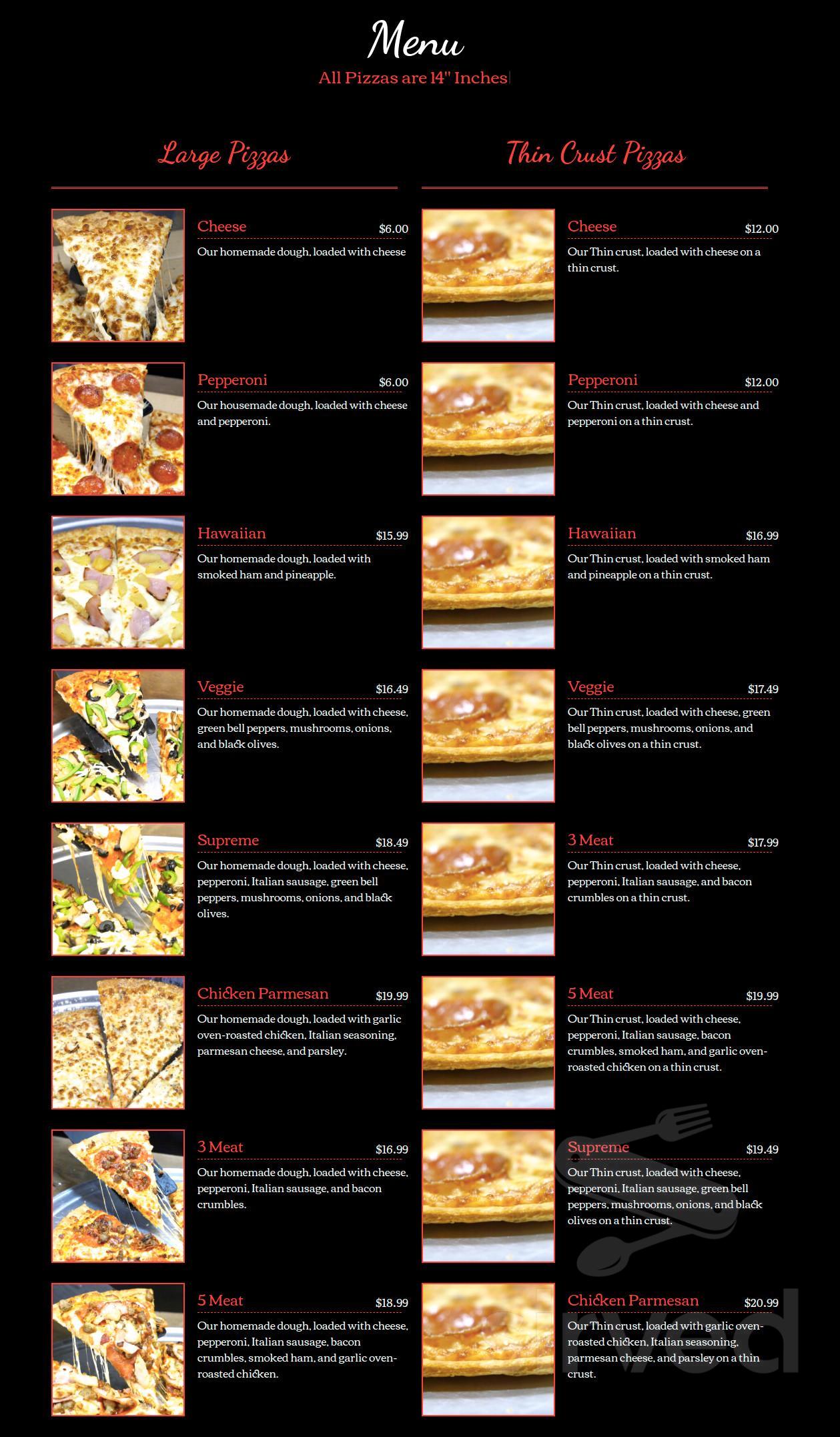 Perfect Pizza menu in San Diego, California, USA