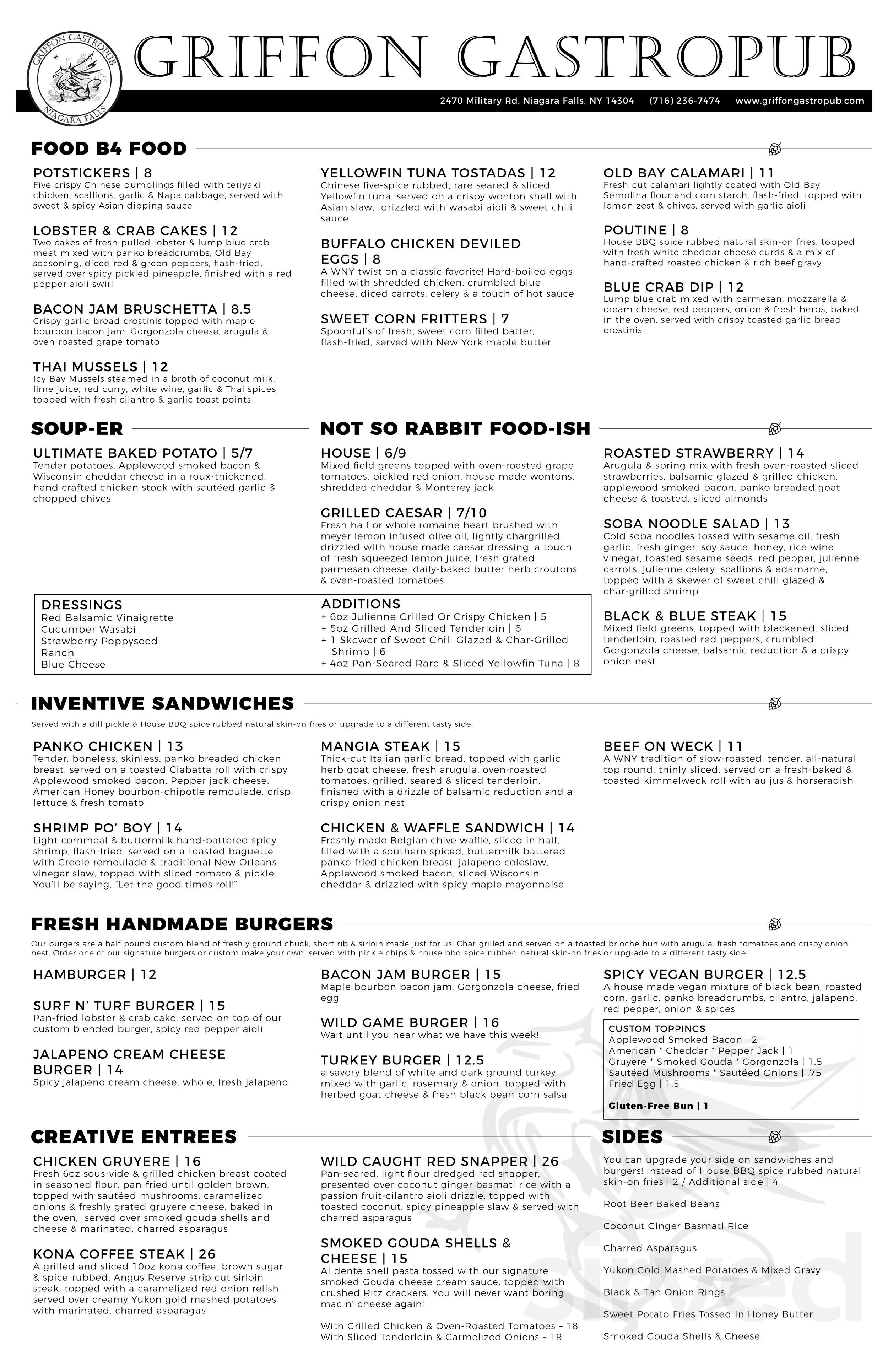 The Griffon Gastropub menu in Niagara Falls, New York, USA