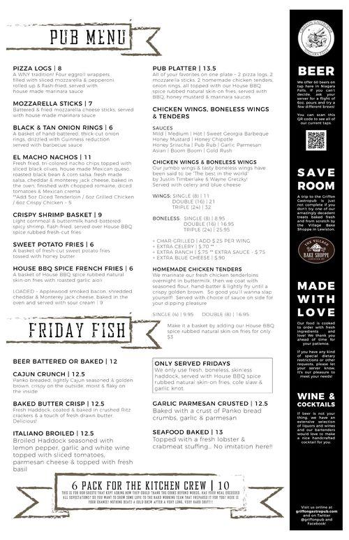The Griffon Gastropub menu in Niagara Falls, New York, USA
