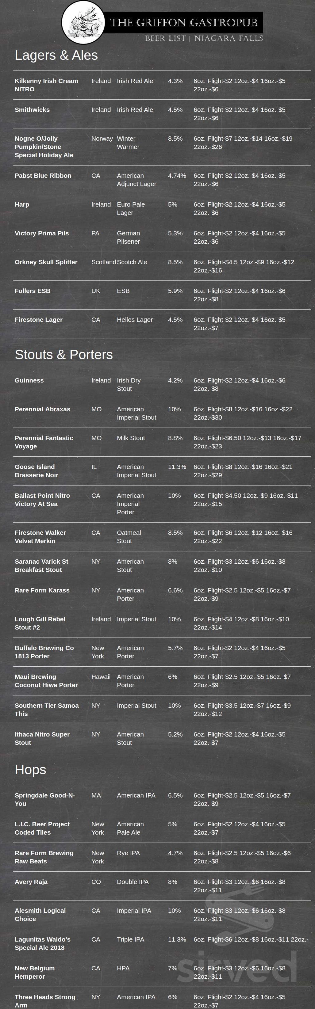 The Griffon Gastropub menu in Niagara Falls, New York, USA