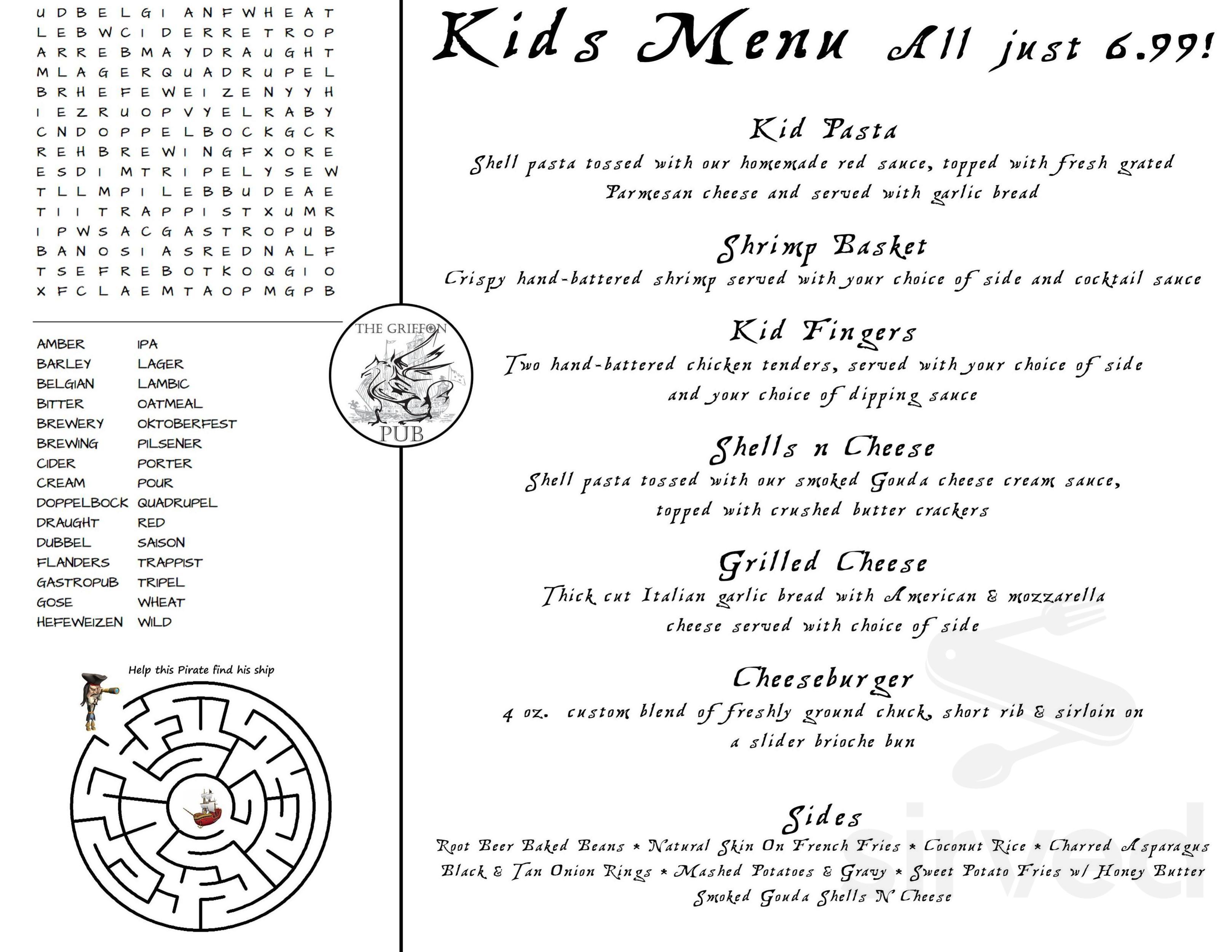 Menu for The Griffon Gastropub in Niagara Falls, NY | Sirved
