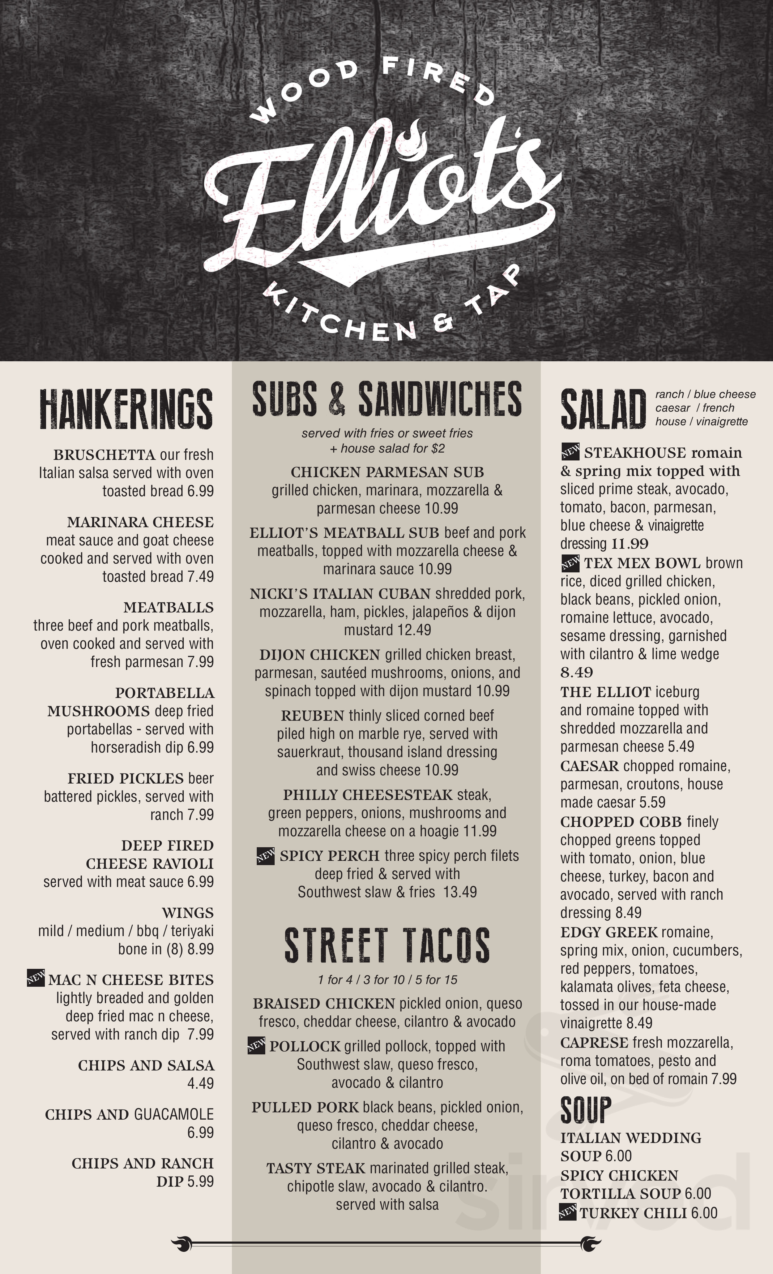 Elliot's Wood Fired Kitchen & Tap menu in Newark, Ohio, USA