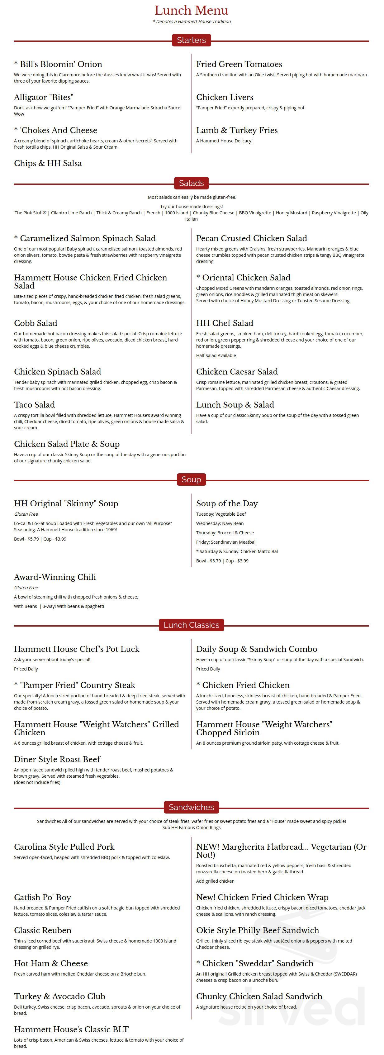 Menu for Hammett House Restaurant in Claremore, OK | Sirved