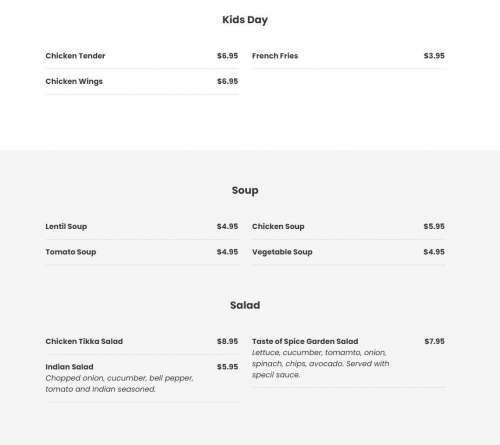 Taste of Spice menu in Fredericksburg, Virginia, USA