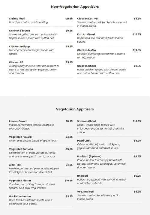 Taste of Spice menu in Fredericksburg, Virginia, USA