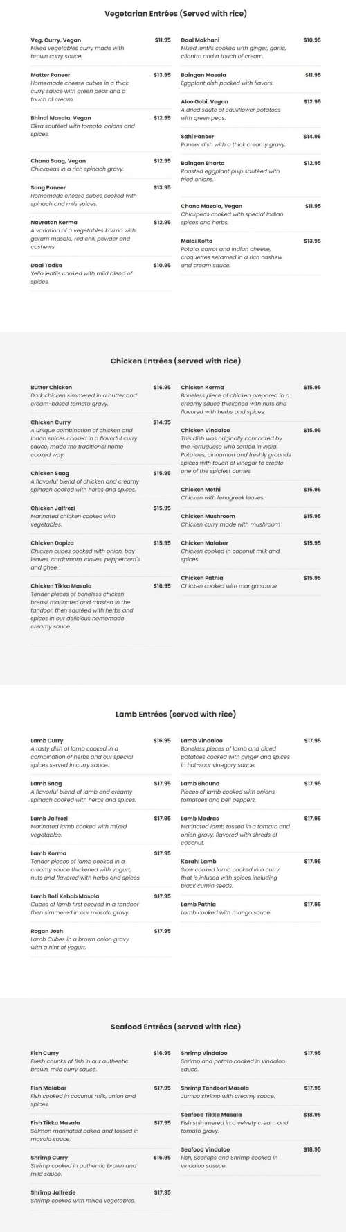 Taste of Spice menu in Fredericksburg, Virginia, USA