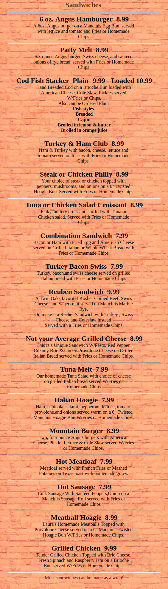 Twin Oaks Lounge menu in White Oak, Pennsylvania, USA