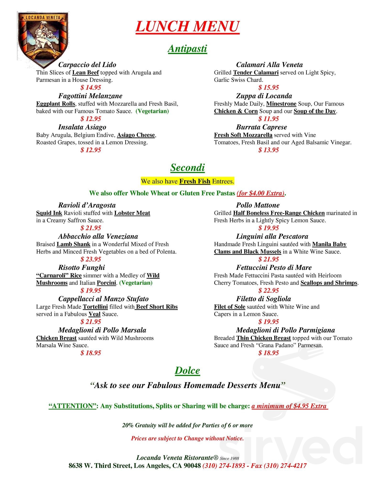 Locanda Veneta menu in Los Angeles, California, USA