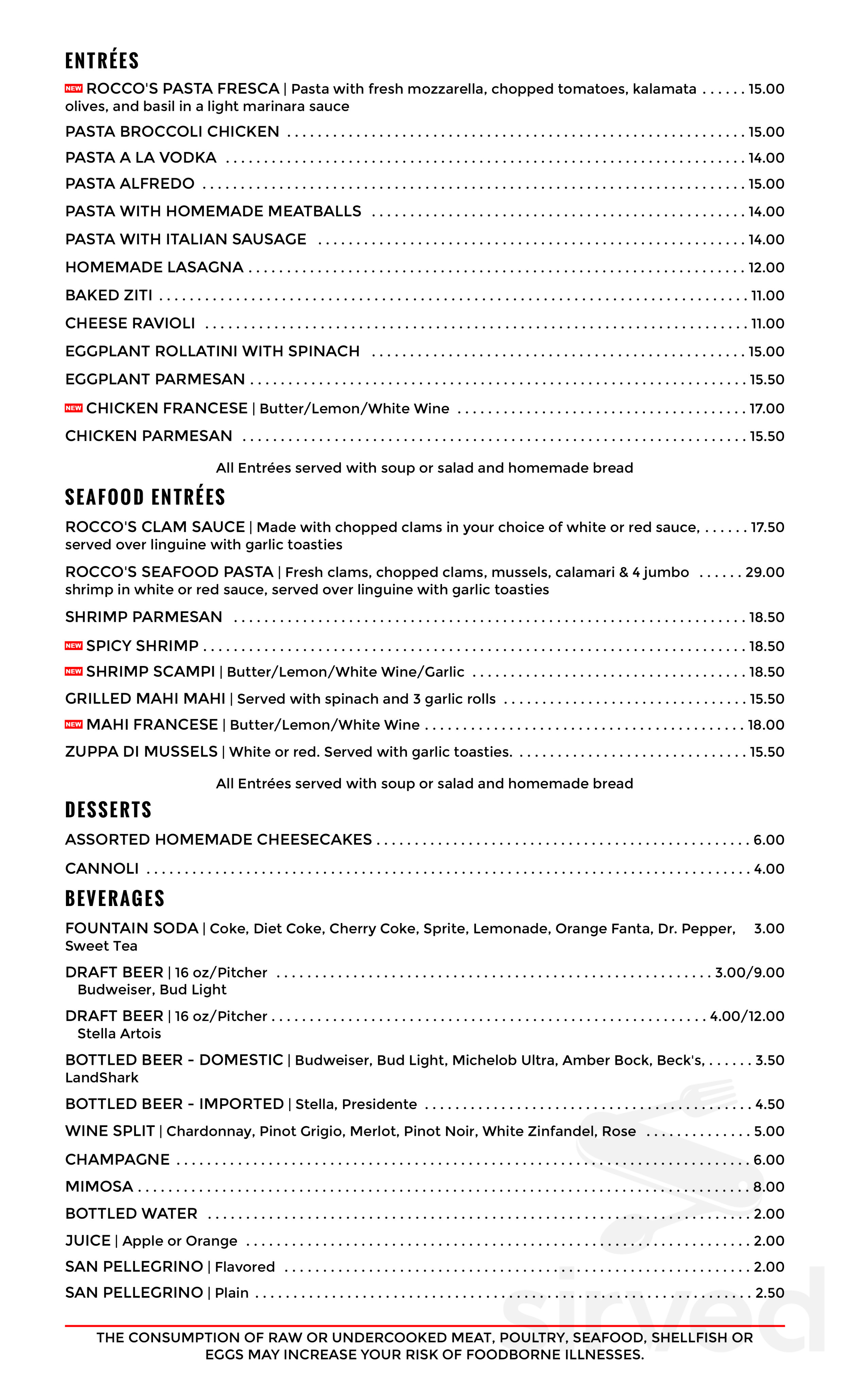 Rocco's Pizza menu in Hollywood, Florida, USA