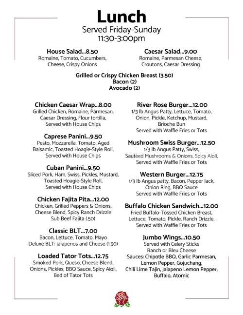 River Rose Tavern menu in Canyon Lake, Texas, USA