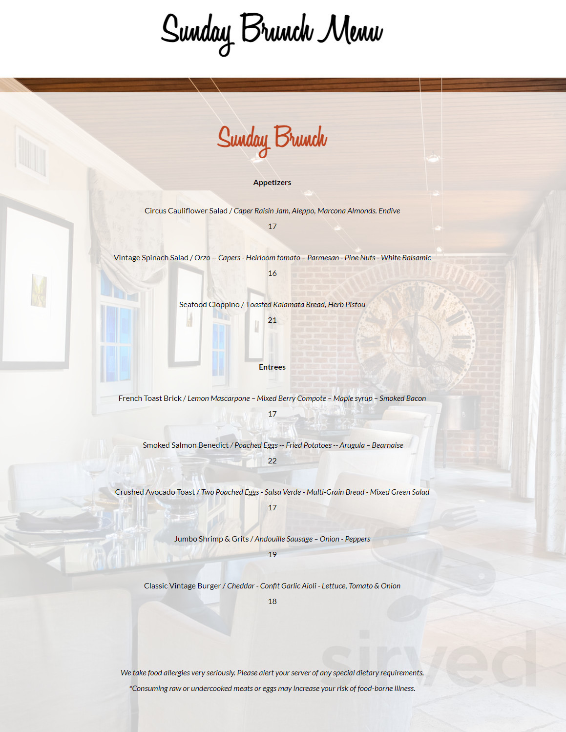 Inn At Willow Grove menu in Orange, Virginia, USA