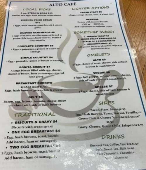 Alto Cafe menu in Alto, New Mexico, USA