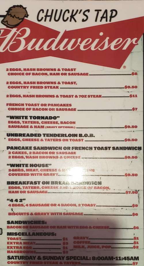 Chuck's Tap menu in Davenport, Iowa, USA