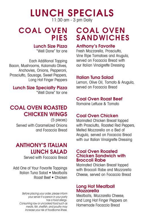 Anthony's Coal Fired Pizza menu in White Plains, New York, USA